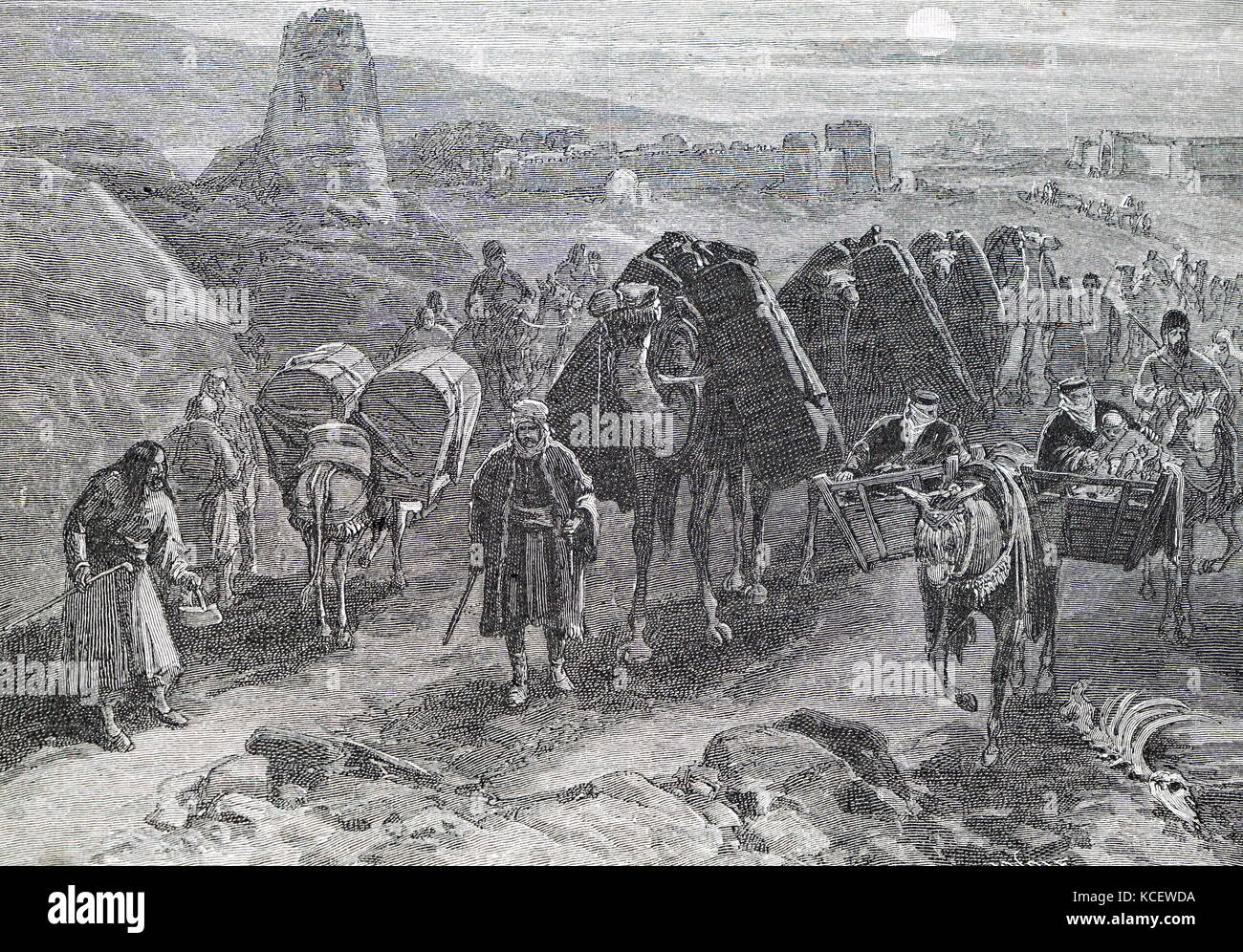 Engraving depicting a caravan of desert travellers leaving Lasjerd ...