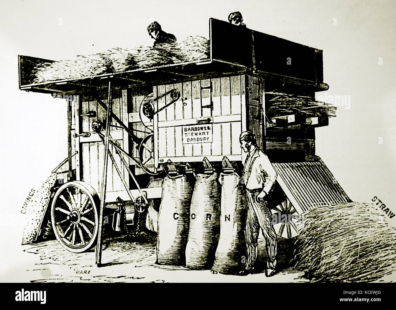 Engraving depicting a threshing and winnowing machine by Barrows and ...
