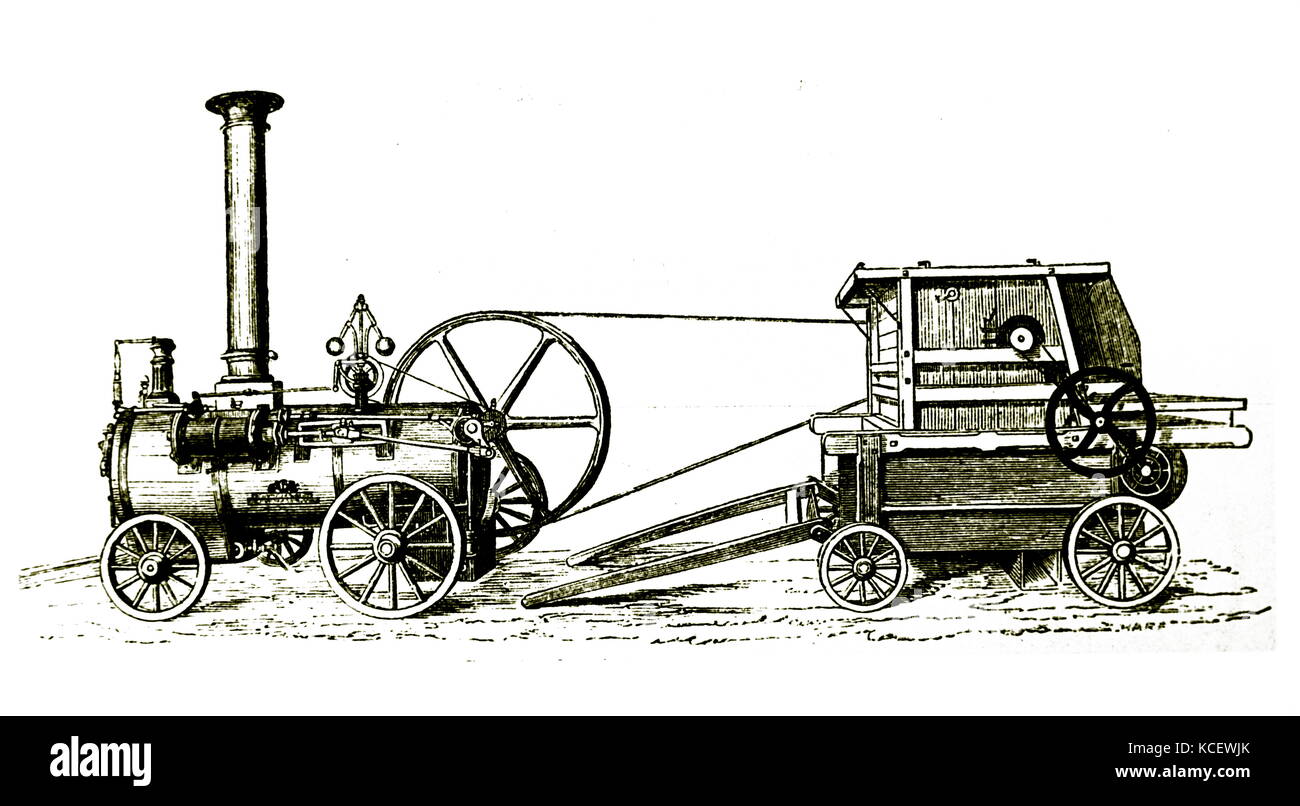 Engraving depicting Garret & Son's portable steam engine driving a ...