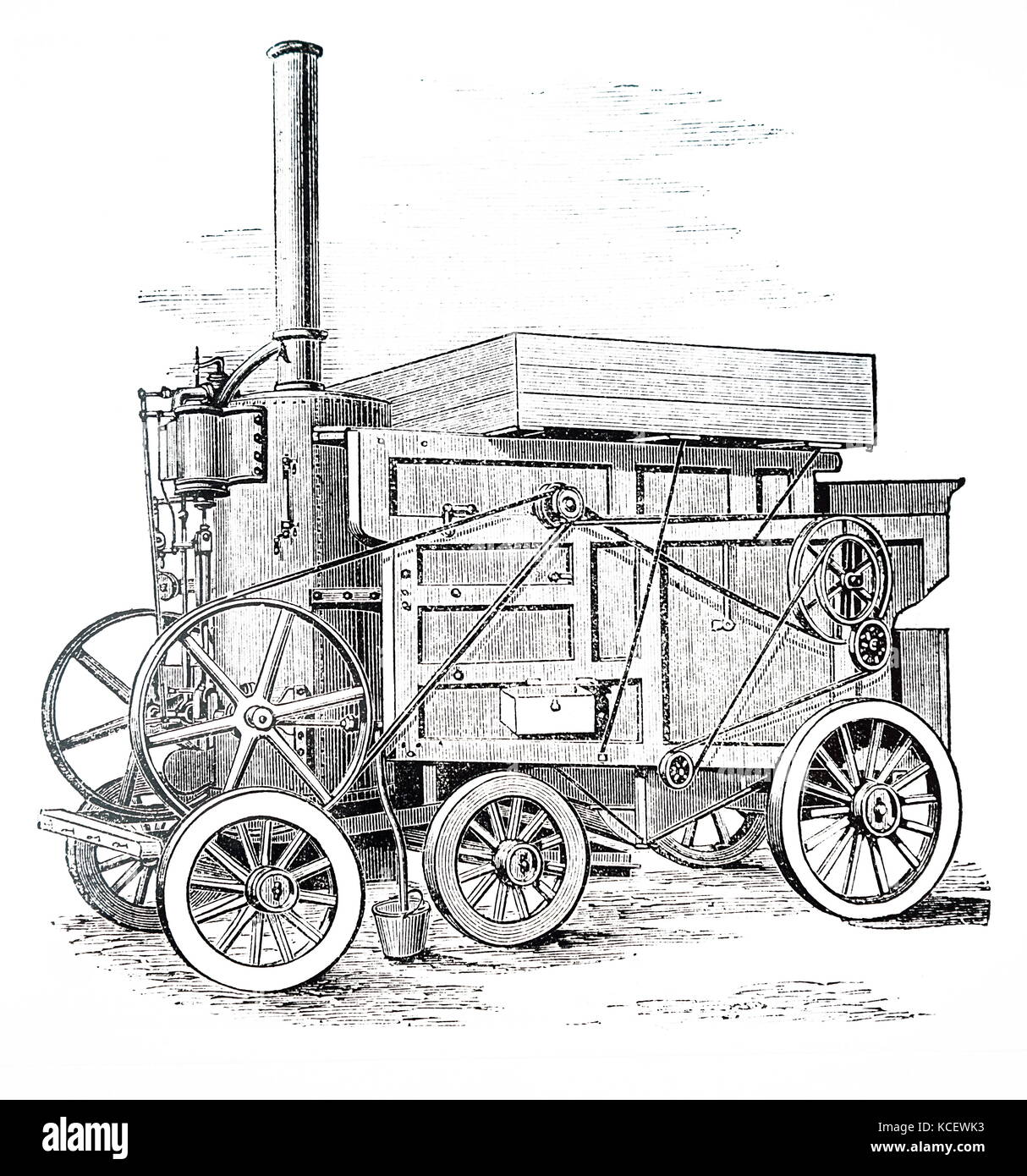 Engraving depicting a steam-driven threshing machine. Dated 19th ...