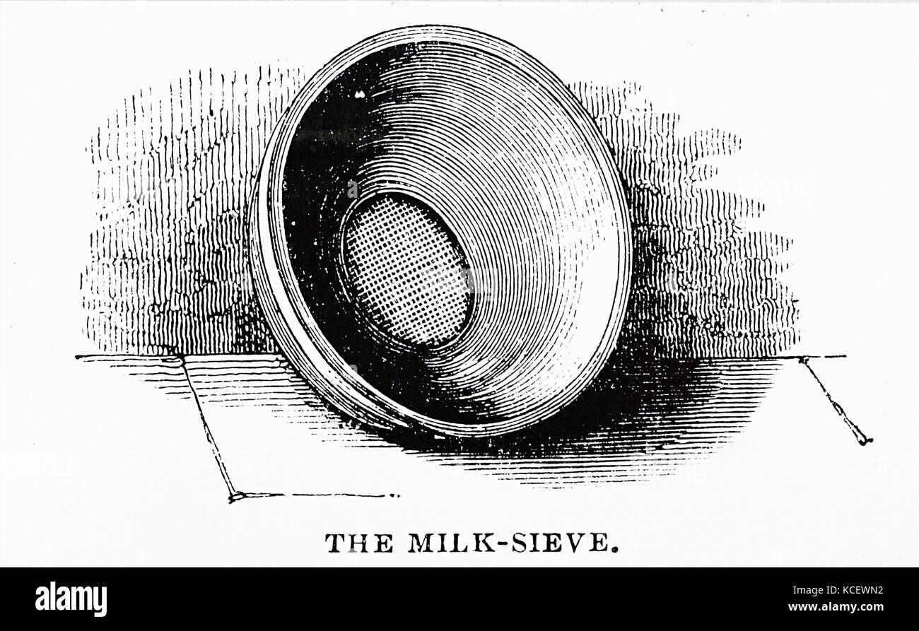 Engraving depicting a milk sieve, which was usually made of plain wood ...