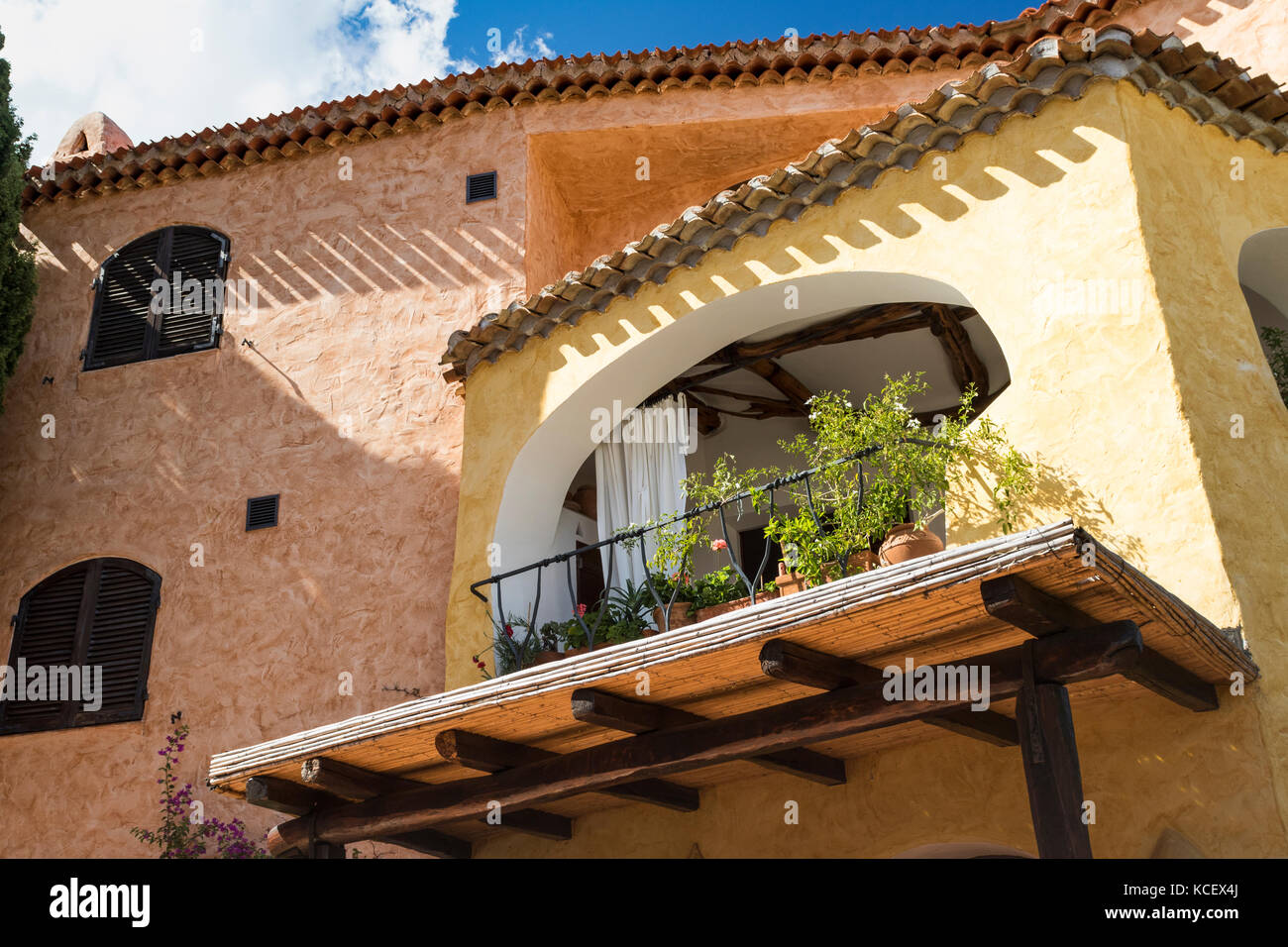 Colourful Building Detail of Balcony, Veranda and Shutters, Porto Cervo ...
