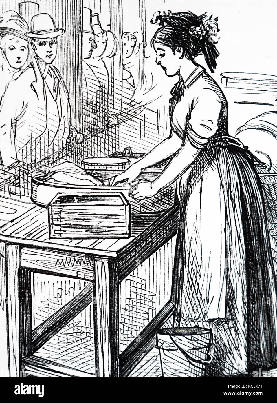 Engraving depicting a butter maid making butter. Dated 19th Century ...