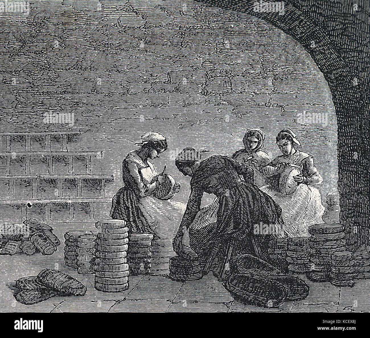 Engraving depicting women scraping cheese in the caves at Roquefort in ...