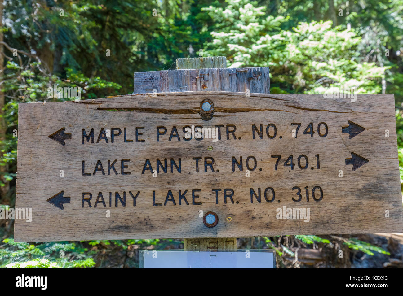 Trail sign in North Cascades National Park in Northern Washington State ...