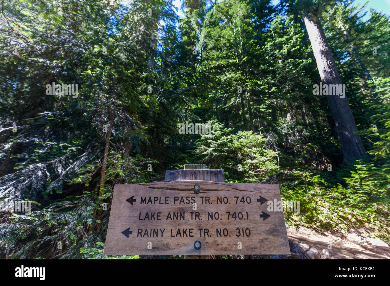 Trail sign in North Cascades National Park in Northern Washington State ...