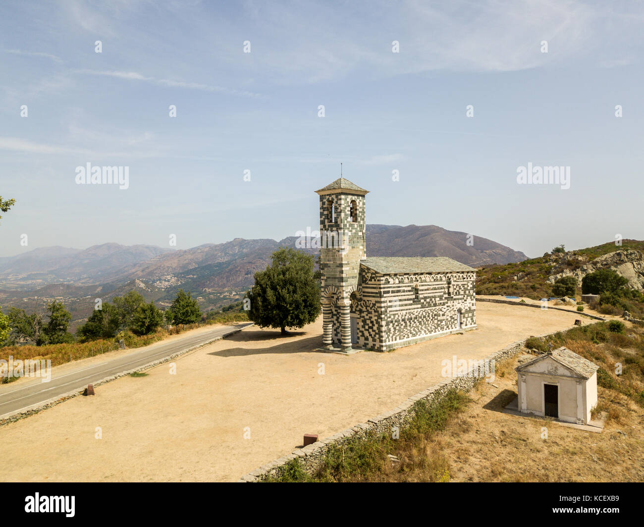 Aerial view of the church of San Michele de Murato, bell tower and apse ...