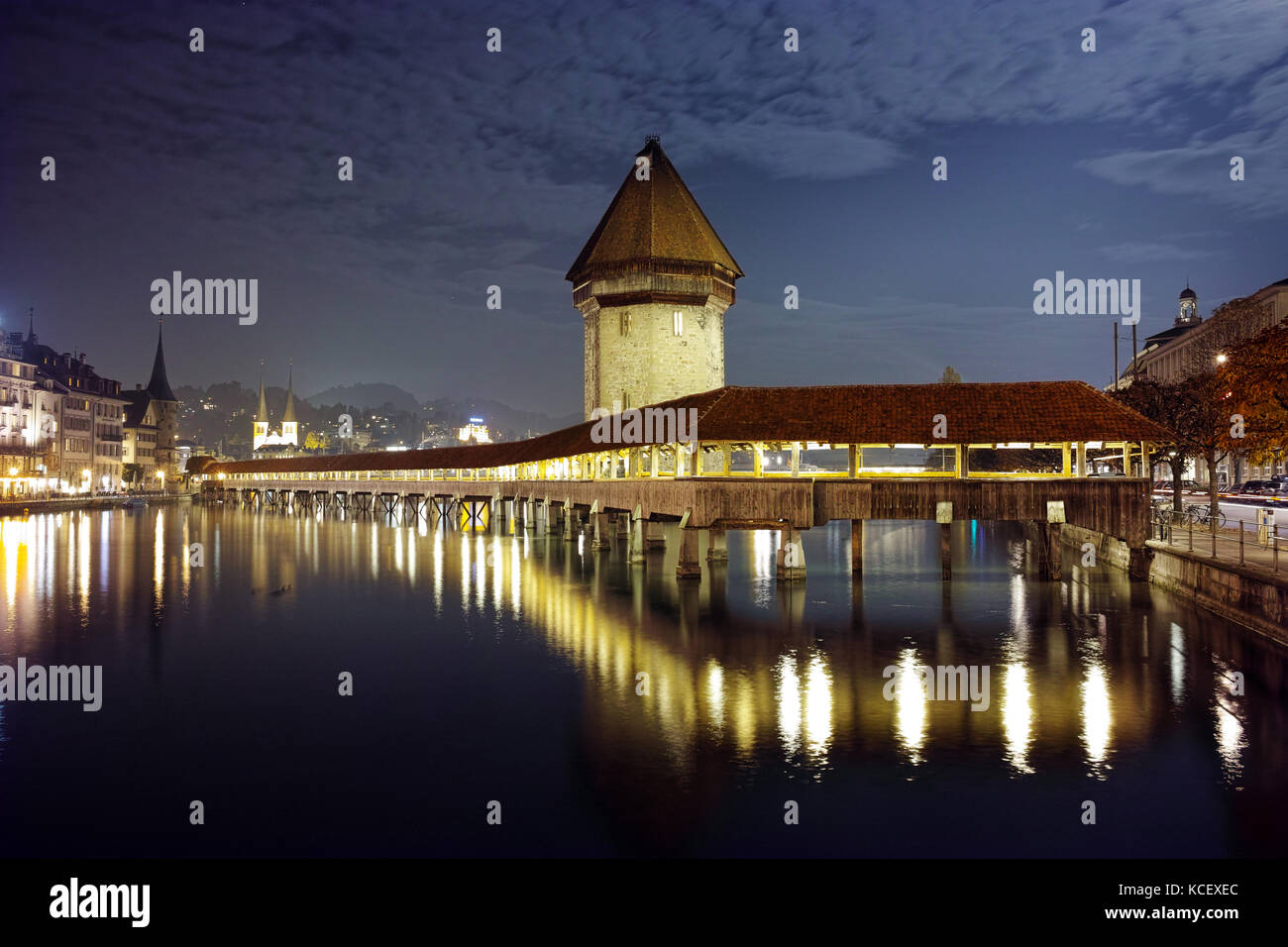 Night photos of Chapel Bridge in City of Lucern, Canton of Lucerne ...