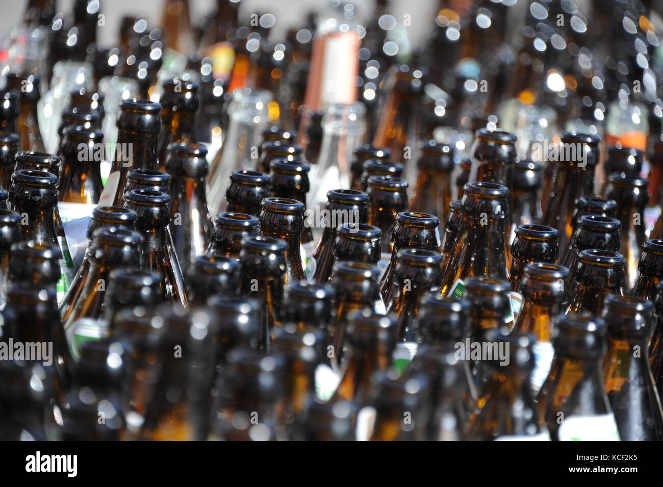 A big amount of returnable glass bottles, photographed at the ...