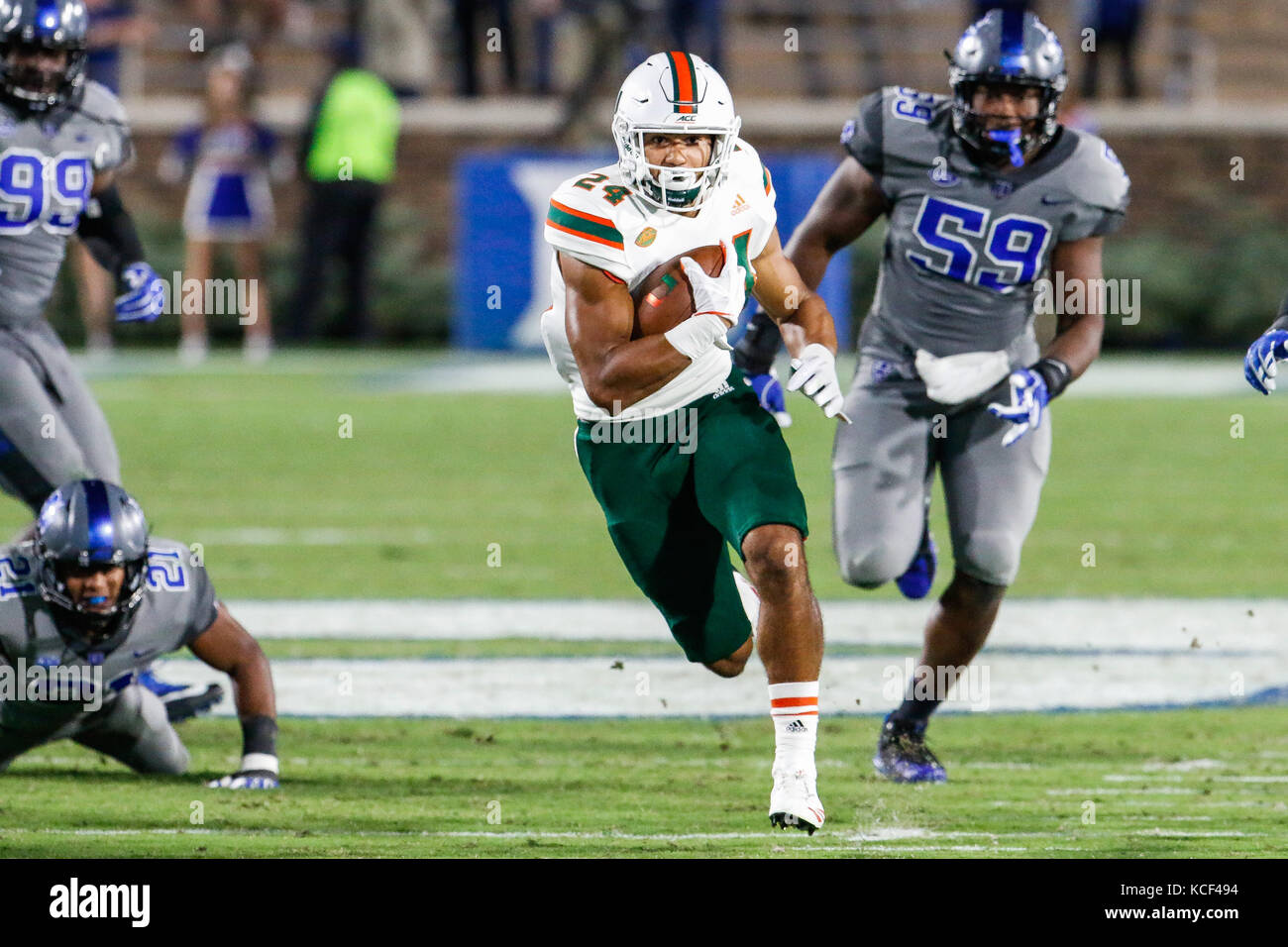 Durham, NC, USA. 29th Sep, 2017. Travis Homer (24) of the Miami ...