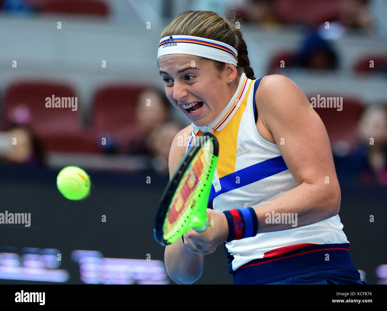 Beijing, China. 5th Oct, 2017. Jelena Ostapenko of Latvia returns the ...