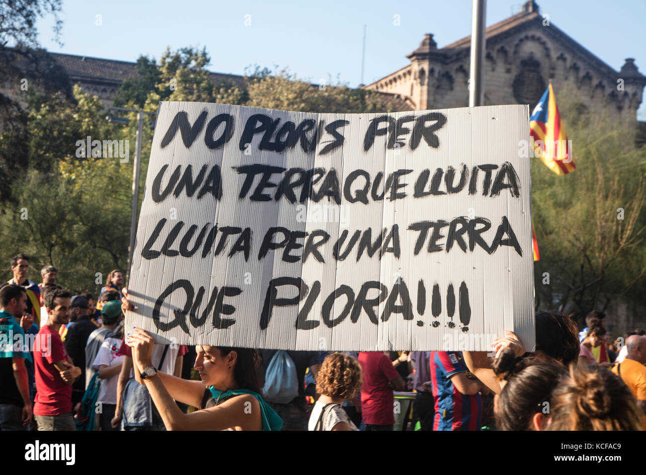 Barcelona, Spain - October 3, 2017. Demonstrators bearing placards ...