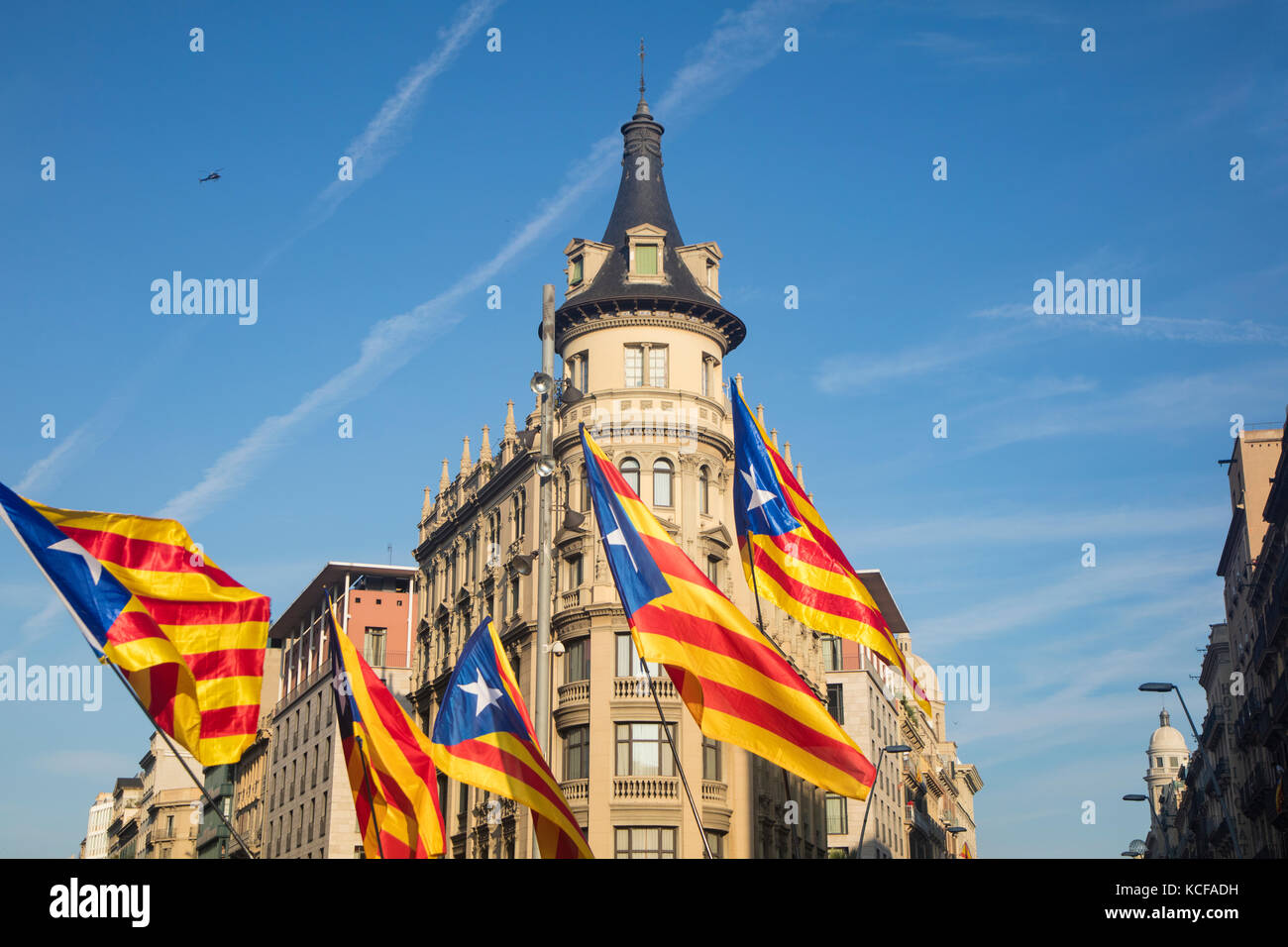 Barcelona, Spain - October 3, 2017. Demonstrators bearing catalan flags ...