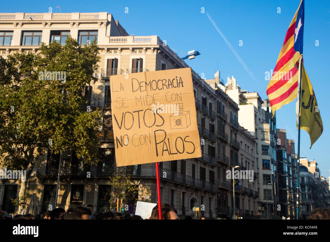 Barcelona, Spain - October 3, 2017. Demonstrators bearing placards ...