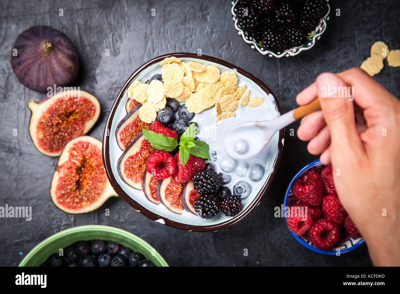 Delicious yoghurt bowl with blueberries, raspberry, figs Stock Photo ...