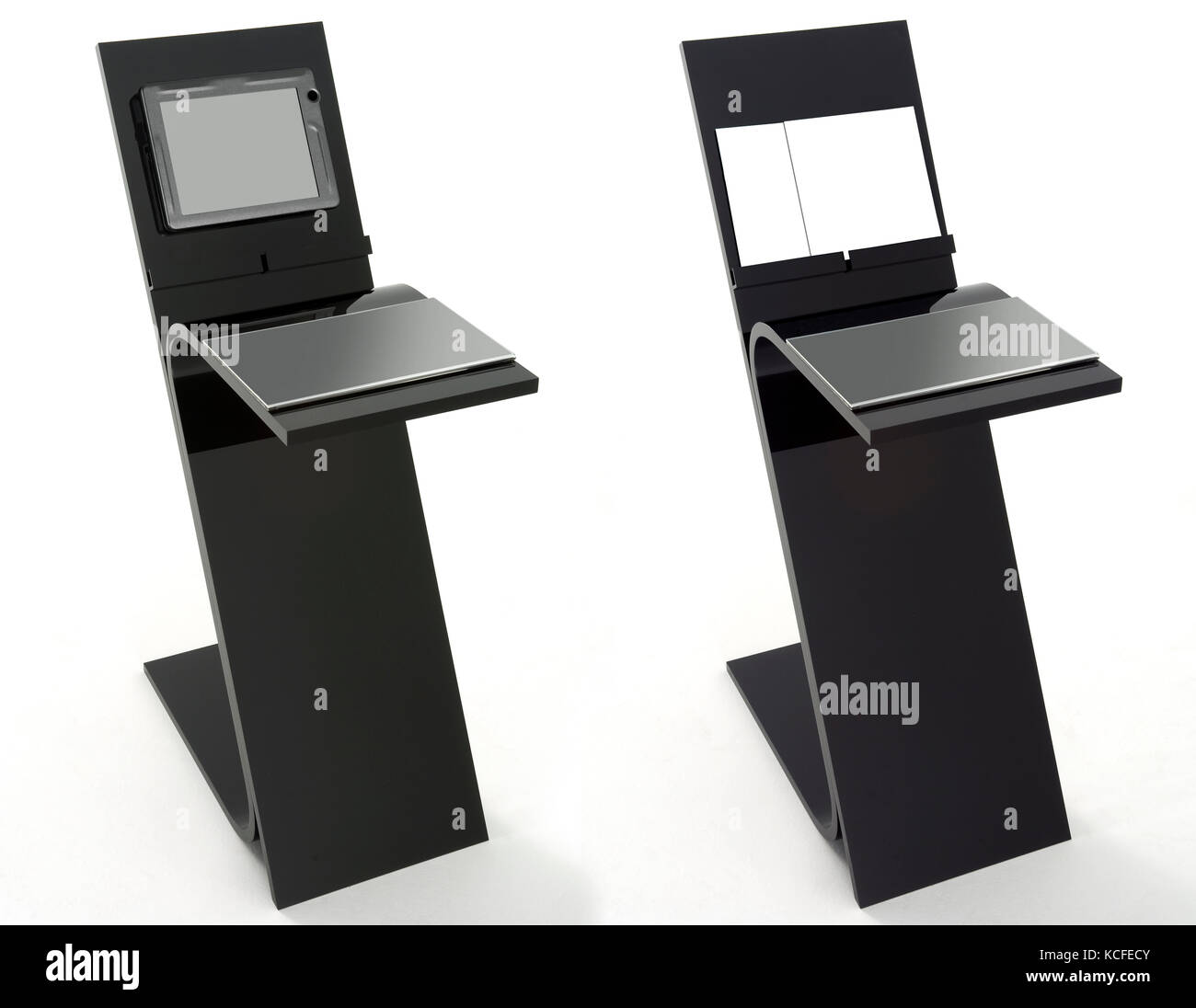 Two black display stands with interactive tablet screen and books Stock ...