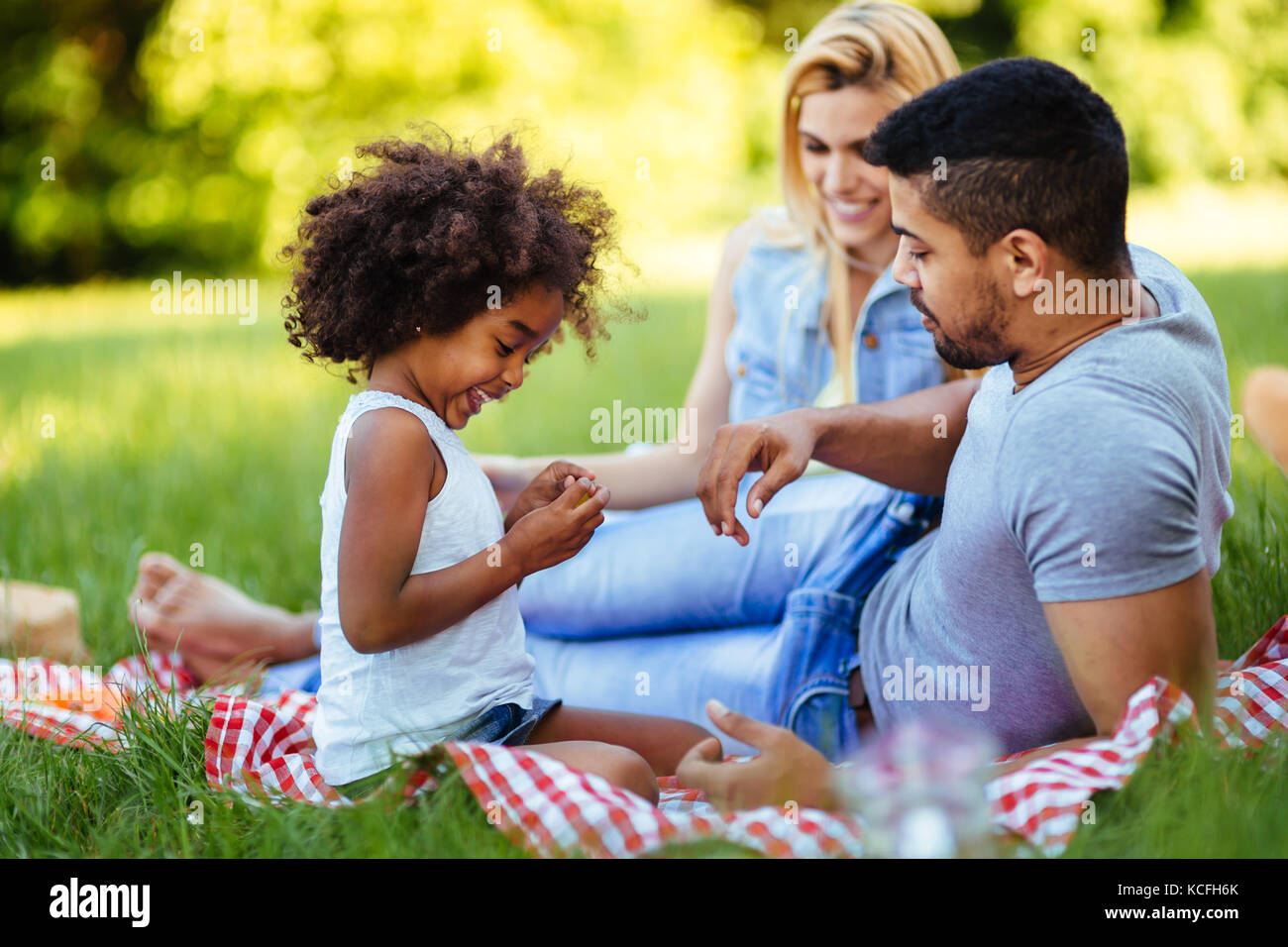 Happy family having fun time on picnic Stock Photo - Alamy