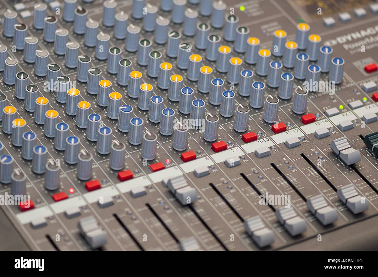 Close-up on knobs of an audio console. Digital audio board. Studio ...