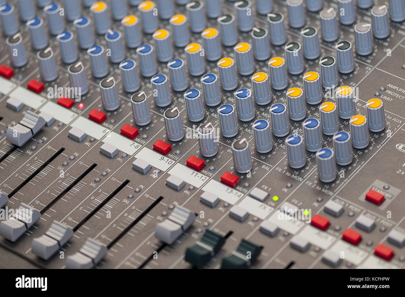 Close-up on knobs of an audio console. Digital audio board. Studio ...