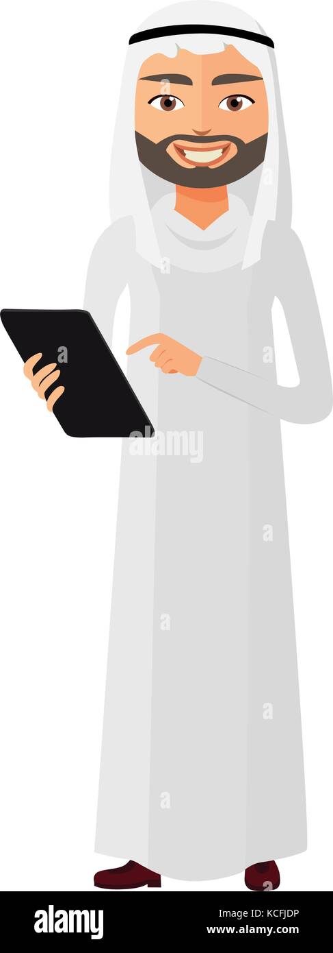 Arab saudi businessman with tablet flat cartoon vector illustration ...