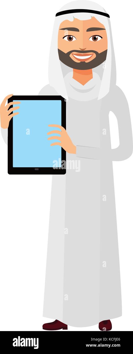 Happy arab businessman showing something important on the tablet flat ...