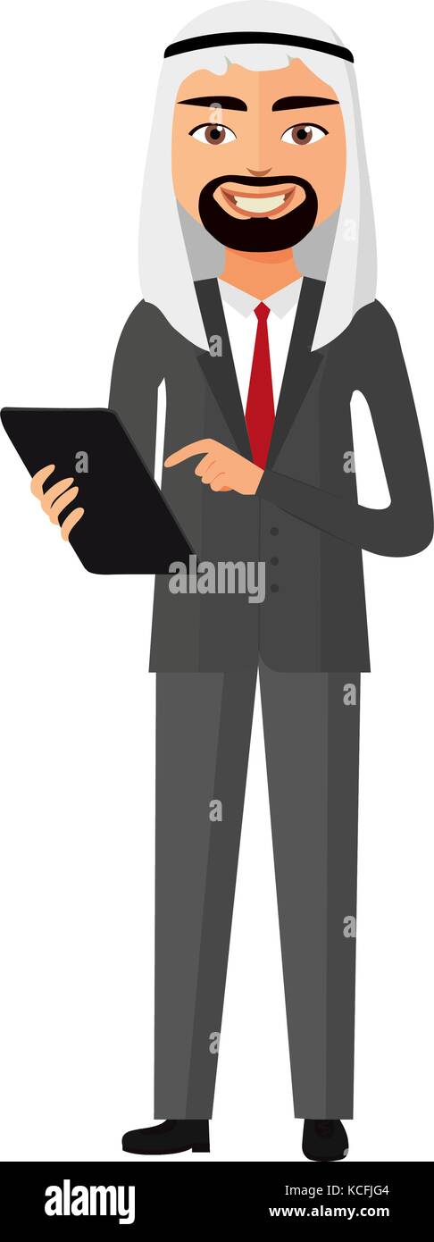 Happy arab muslim iran businessman with tablet flat cartoon vector ...
