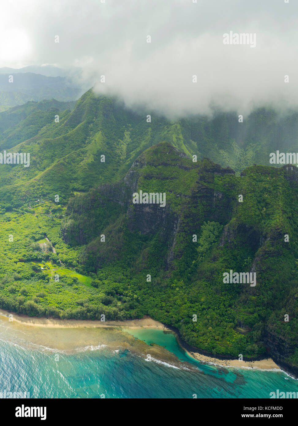 Aerial view of Haena on the northern coast of Kauai, Hawaii on a cloudy ...