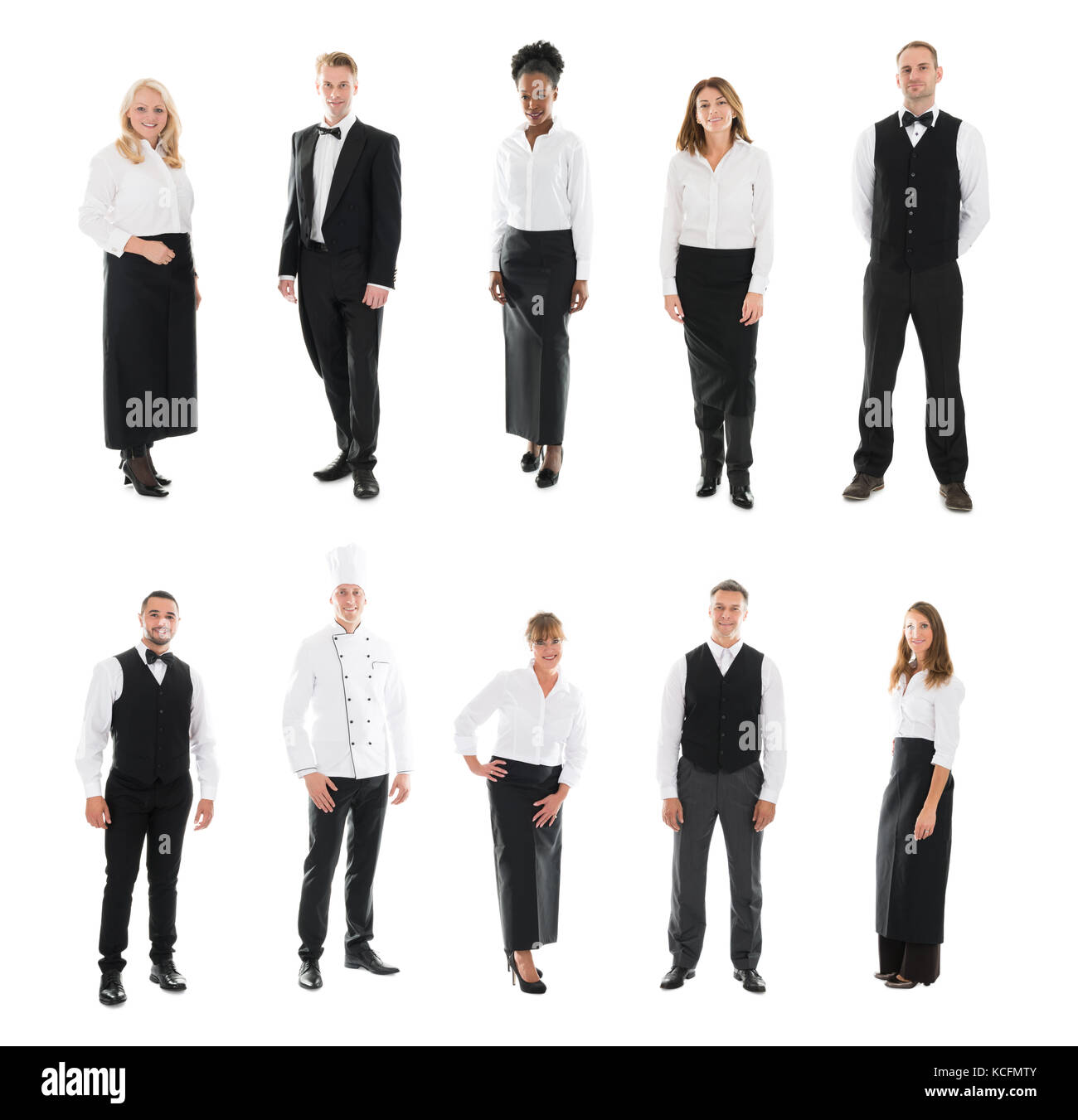 Set Of Restaurant Staff Standing Against White Background Stock Photo ...