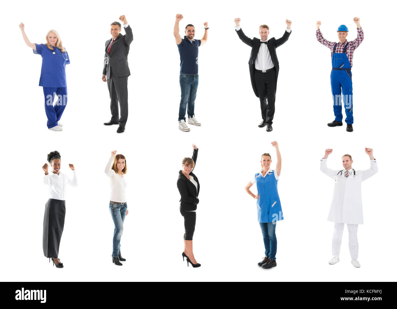 People With Various Occupation Raising Arms Against White Background ...