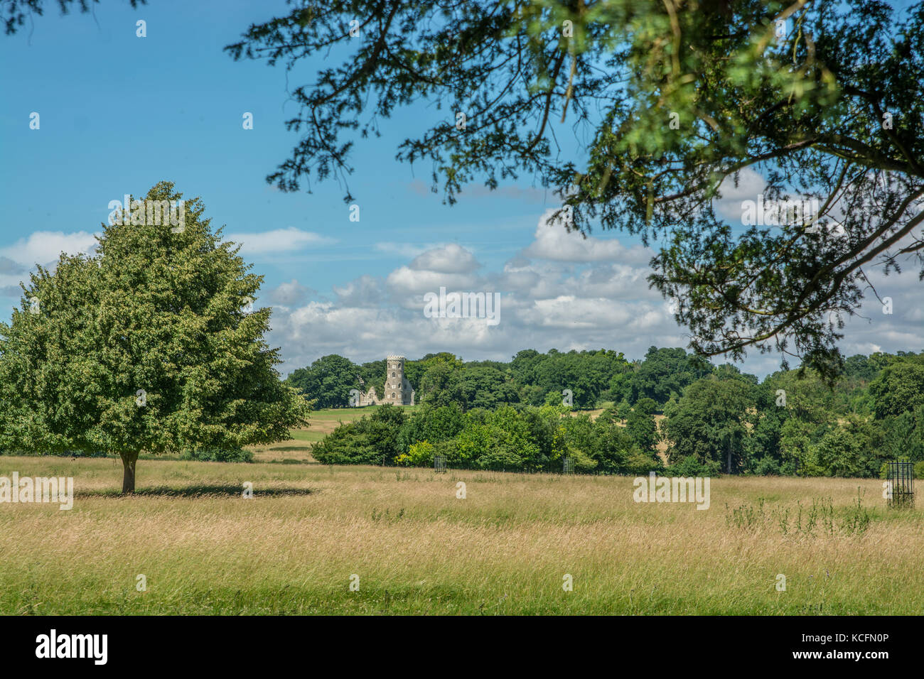 English country landscape in summer with clouds, field and trees Stock ...