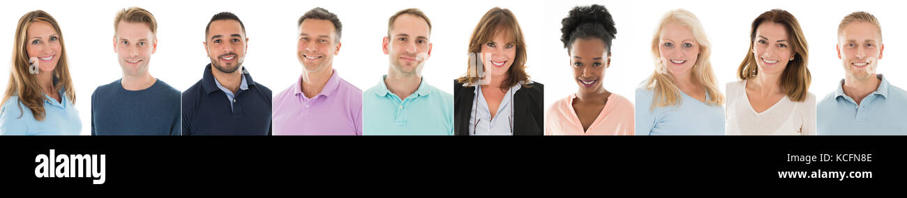 Group Of Smiling Creative People In A Row Against White Background ...