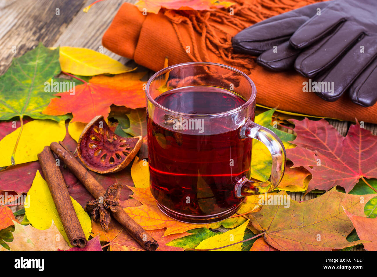 Warm clothes and hot tea-signs of autumn Stock Photo - Alamy