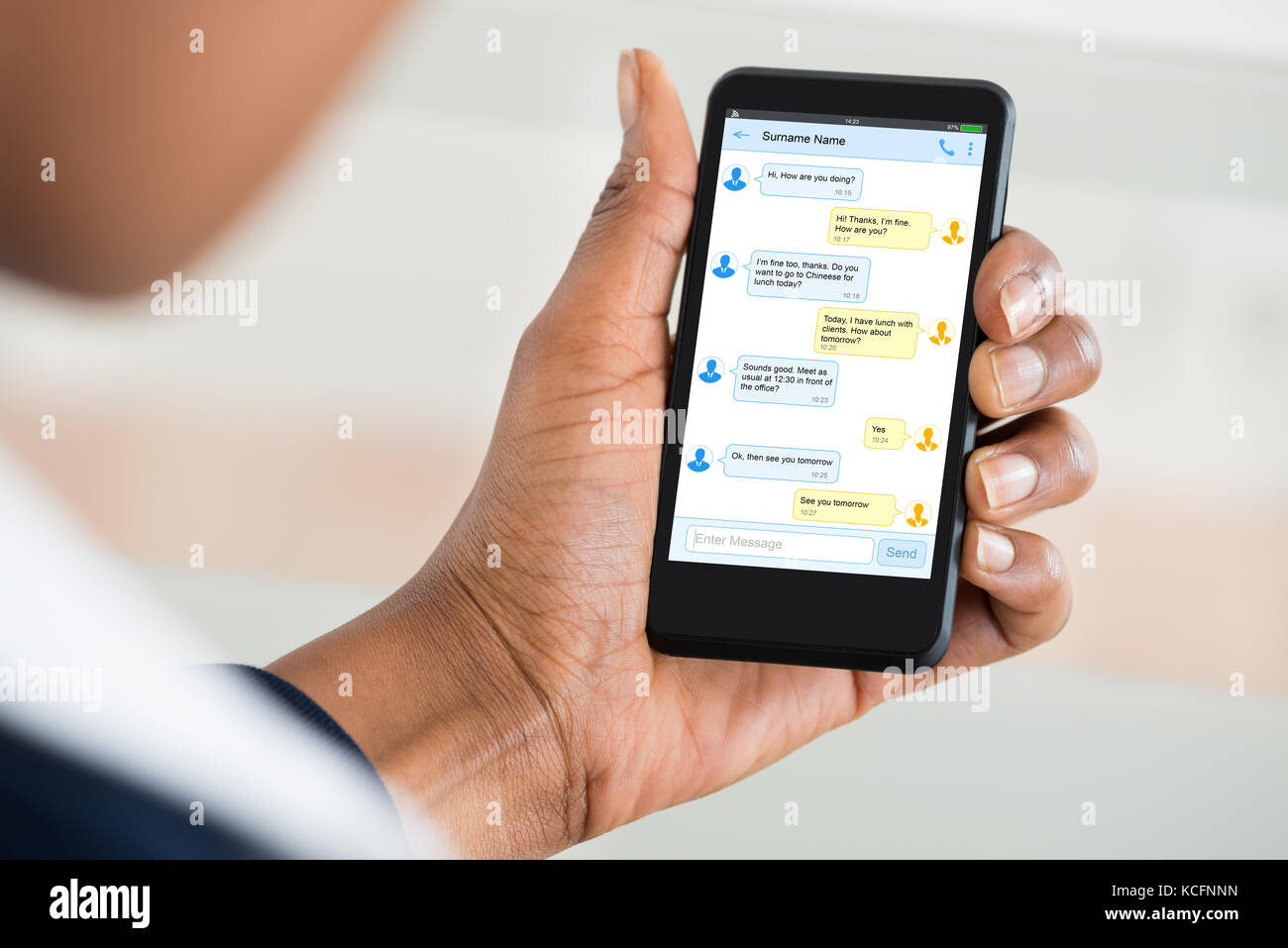 Close-up Of A Person's Hand Holding Mobile Phone Showing Messages Stock ...
