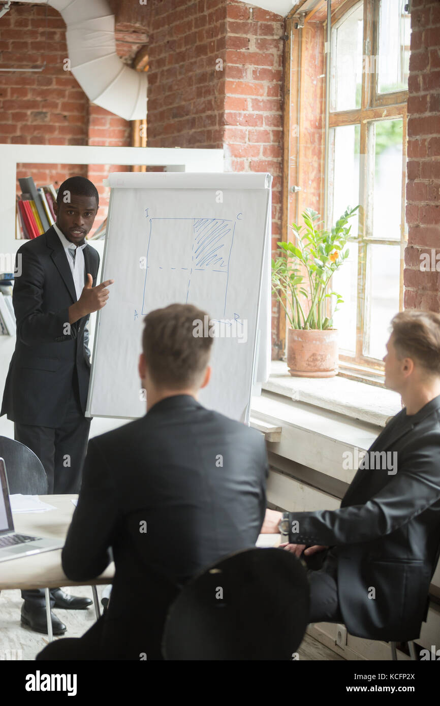 Young confident african american business coach explaining drawn chart ...