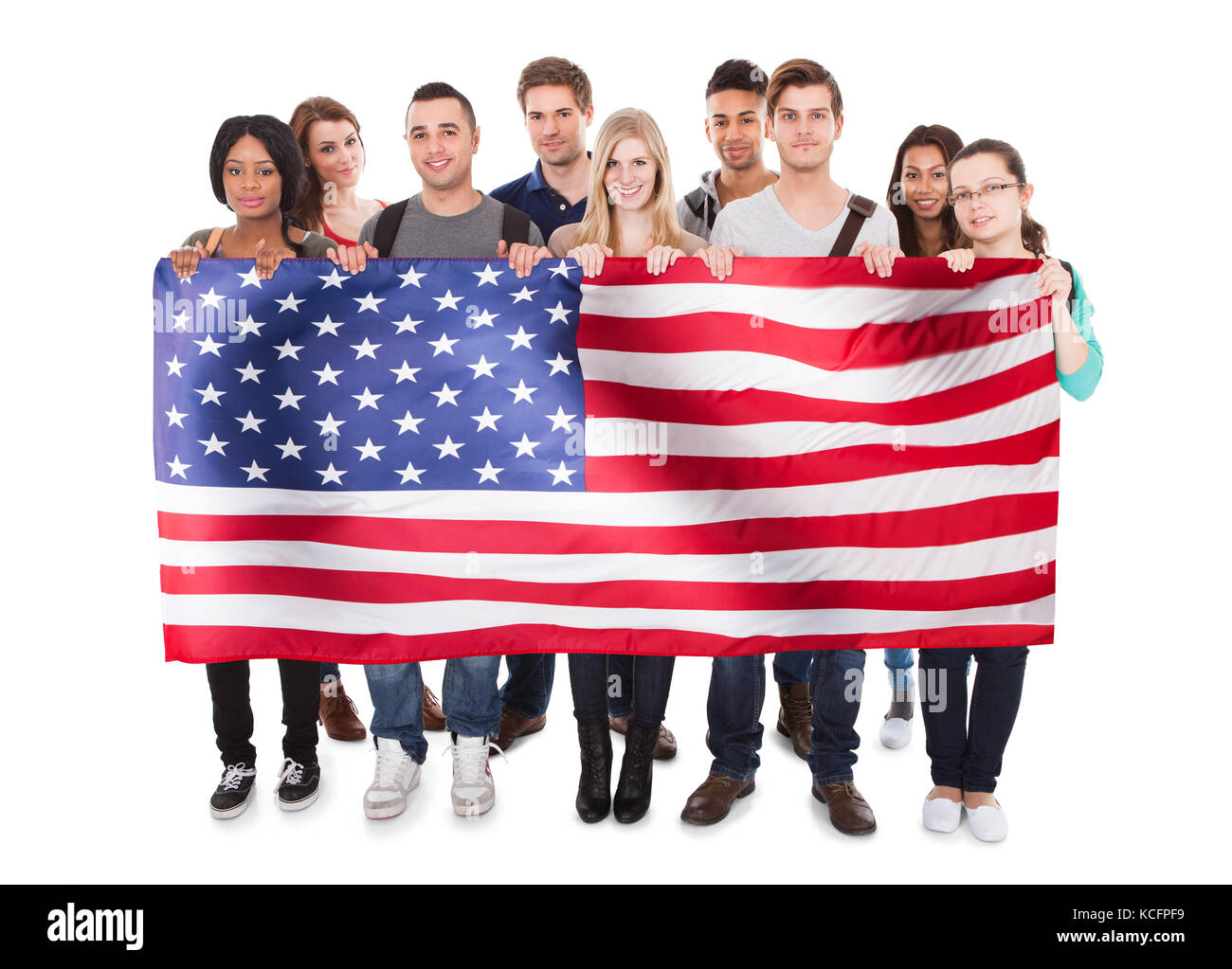 Happy People Holding American Flag Against White Background Stock Photo ...