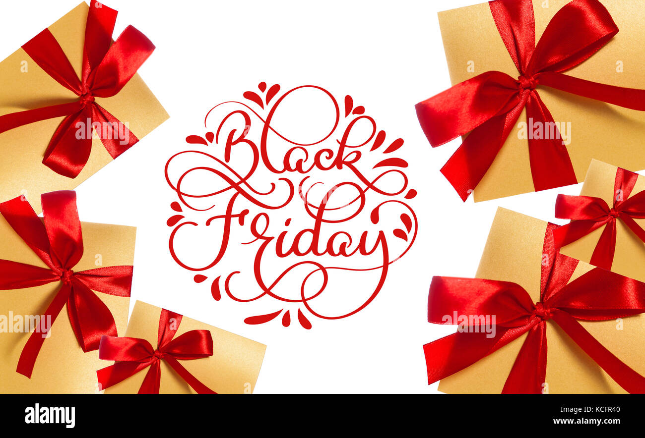 Black Friday red calligraphy text on white background and gifts with ...