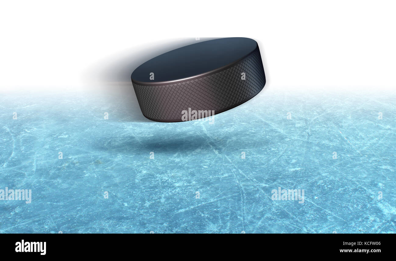 Ice hockey puck action on a rink arena closeup background with a flying ...