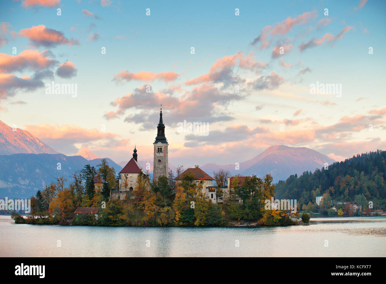 Picturesque Slovenia, Bled lake and town in the evening. Amazing View ...