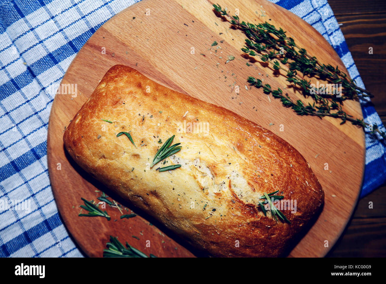 Traditional Italian ciabatta bread with herbs. Wooden background Stock ...