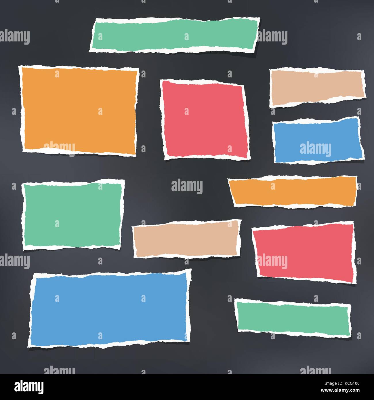 Colorful ripped striped note, copybook, notebook paper stuck on black ...