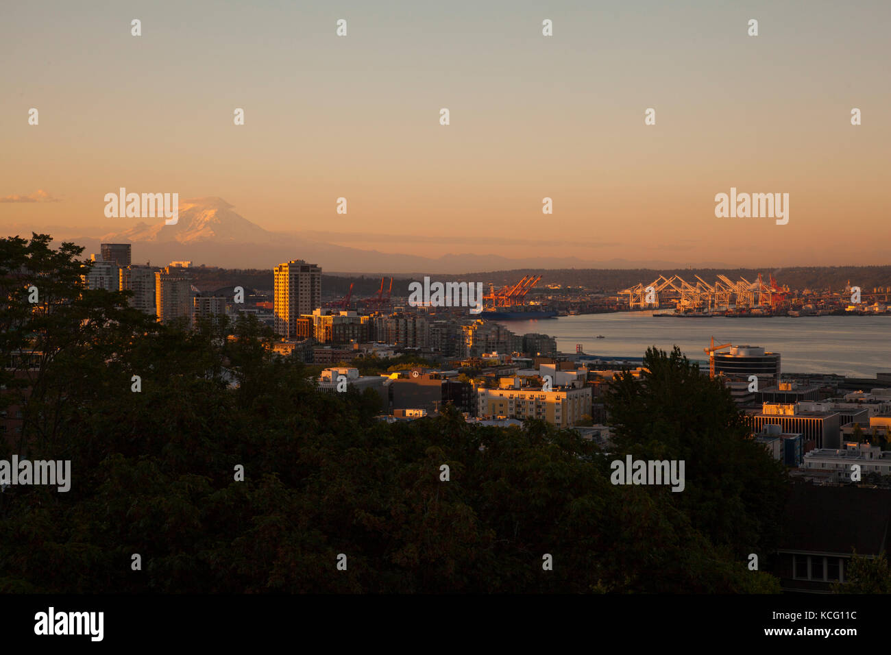 Seattle Washington skyline at night from Queen Anne's Hill with Space ...