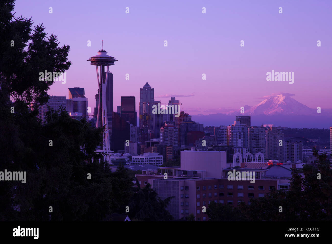 Seattle Washington skyline at night from Queen Anne's Hill with Space ...