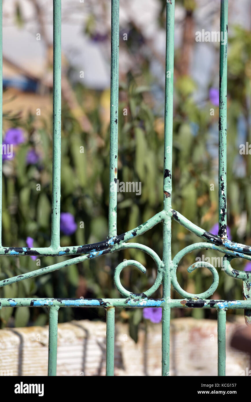 some green painted wrought iron railings on a gateway in front of a ...
