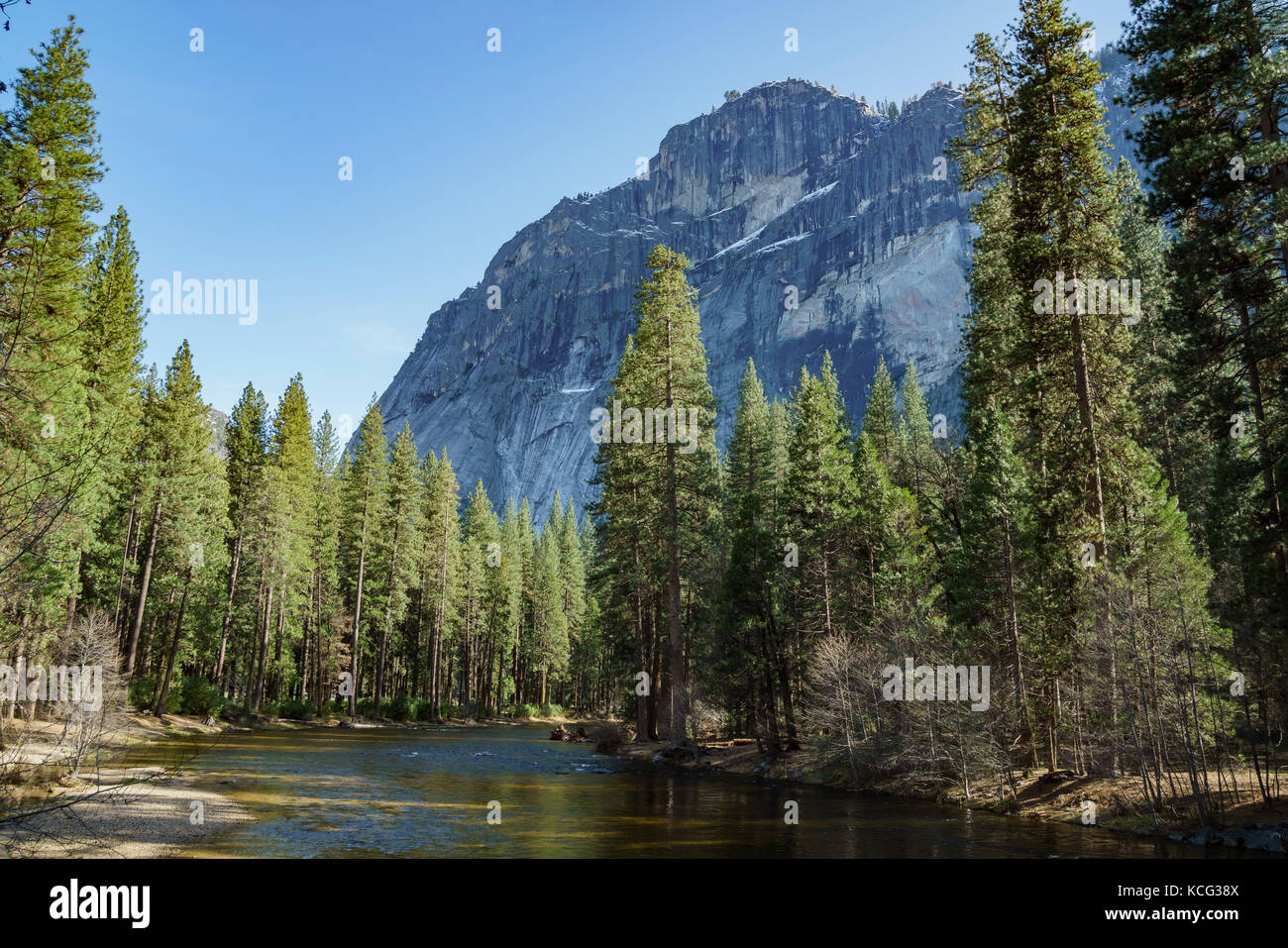 Merced river and mountains at Yosemite National Park, California, USA ...
