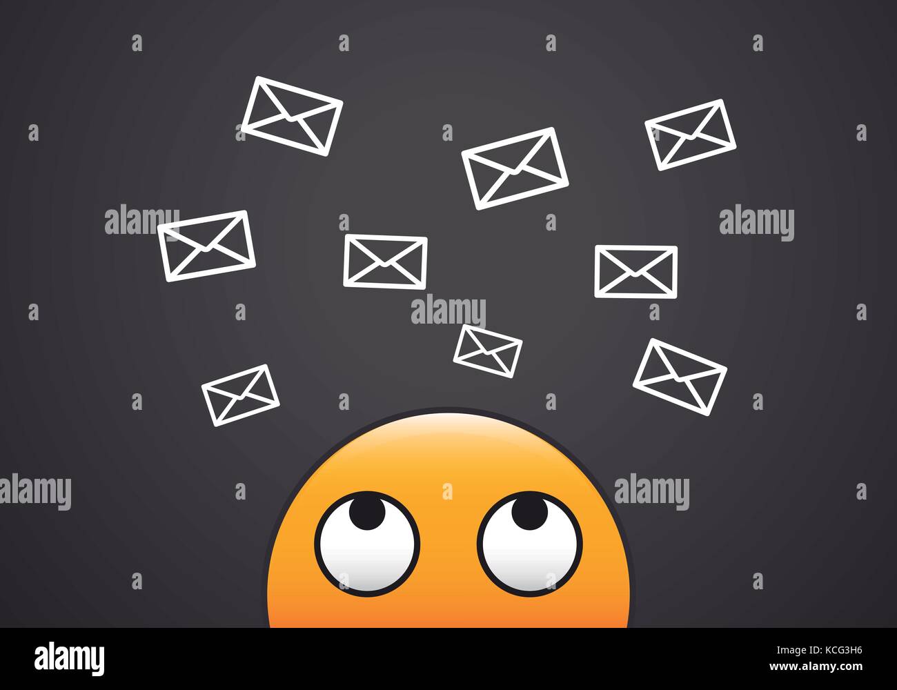 Receiving emails concept - emoji smiley looking up to all the envelopes ...