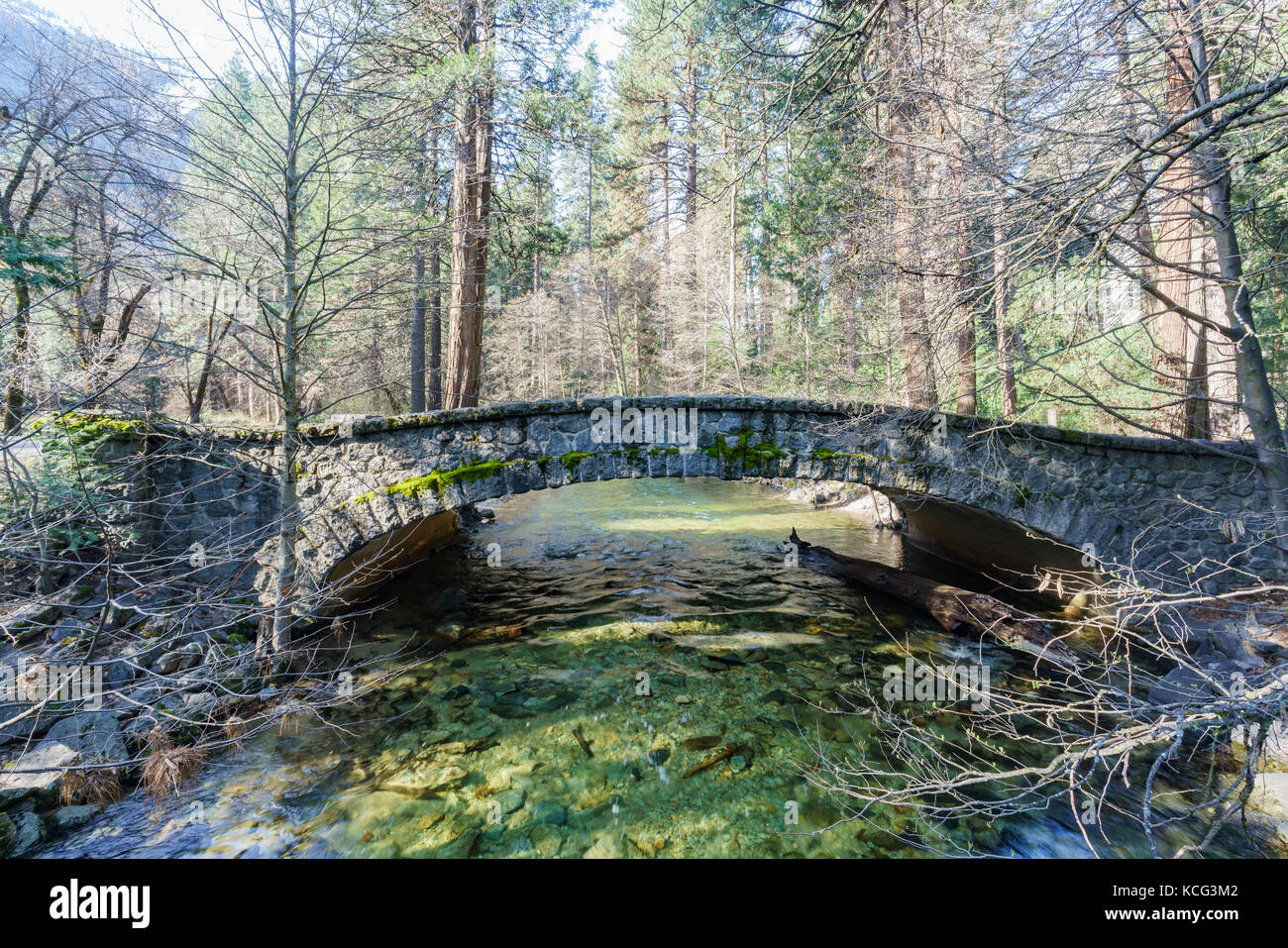 Bridge and Merced river and forest at Yosemite National Park ...