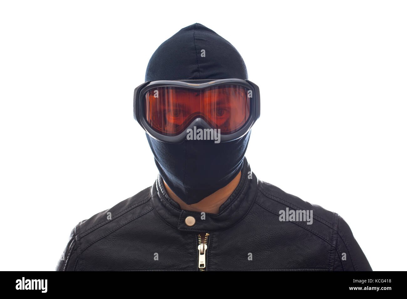 Dangerous burglar dressed in black wearing a mask on head - isolated ...