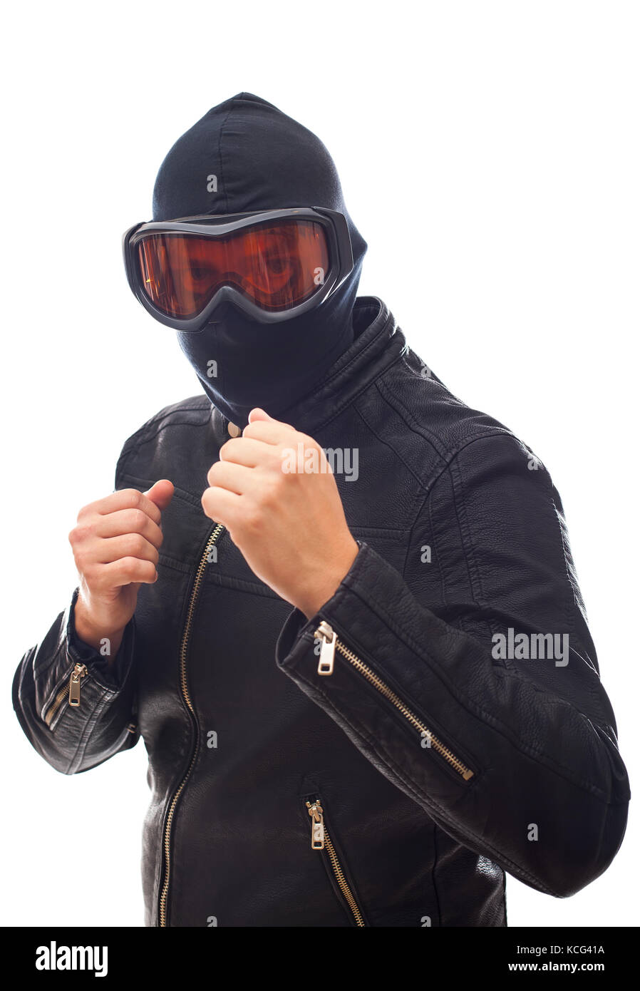 Dangerous burglar dressed in black wearing a mask on head - isolated ...