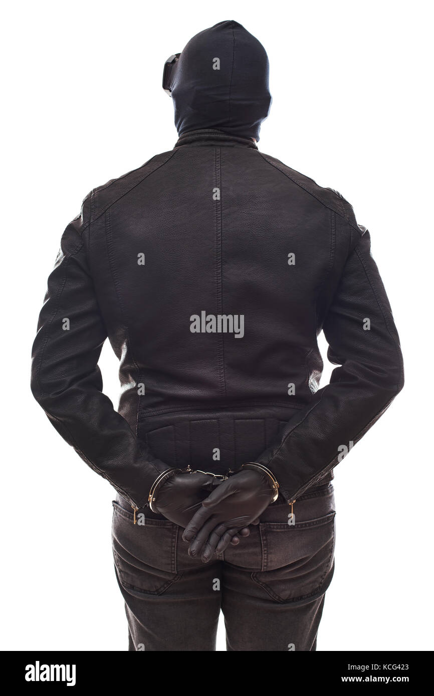 Back view dangerous criminal wearing black clothes and mask with ...