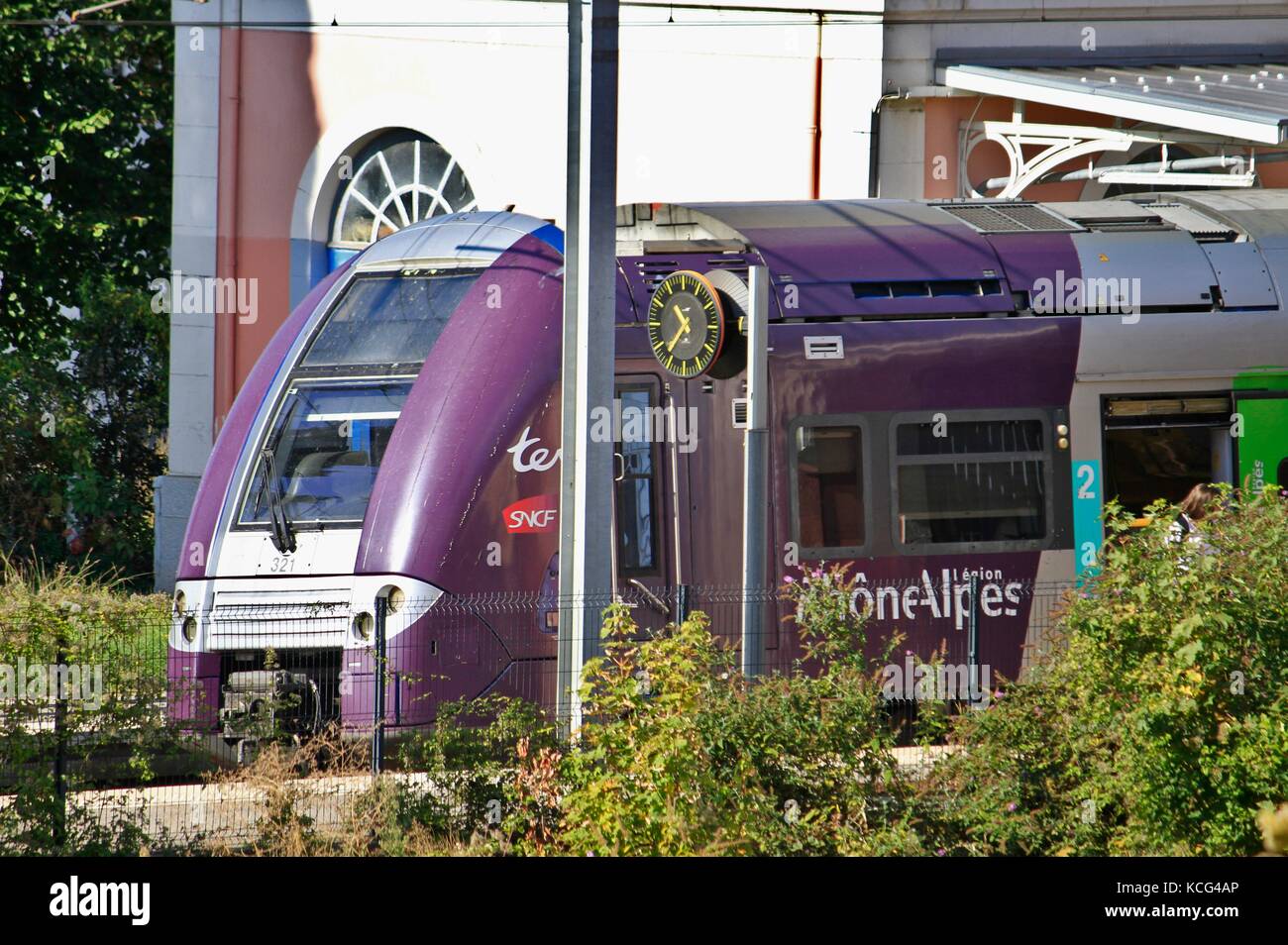 SNCF regional train, Alstom, entering a train station. Grenoble, Isere ...